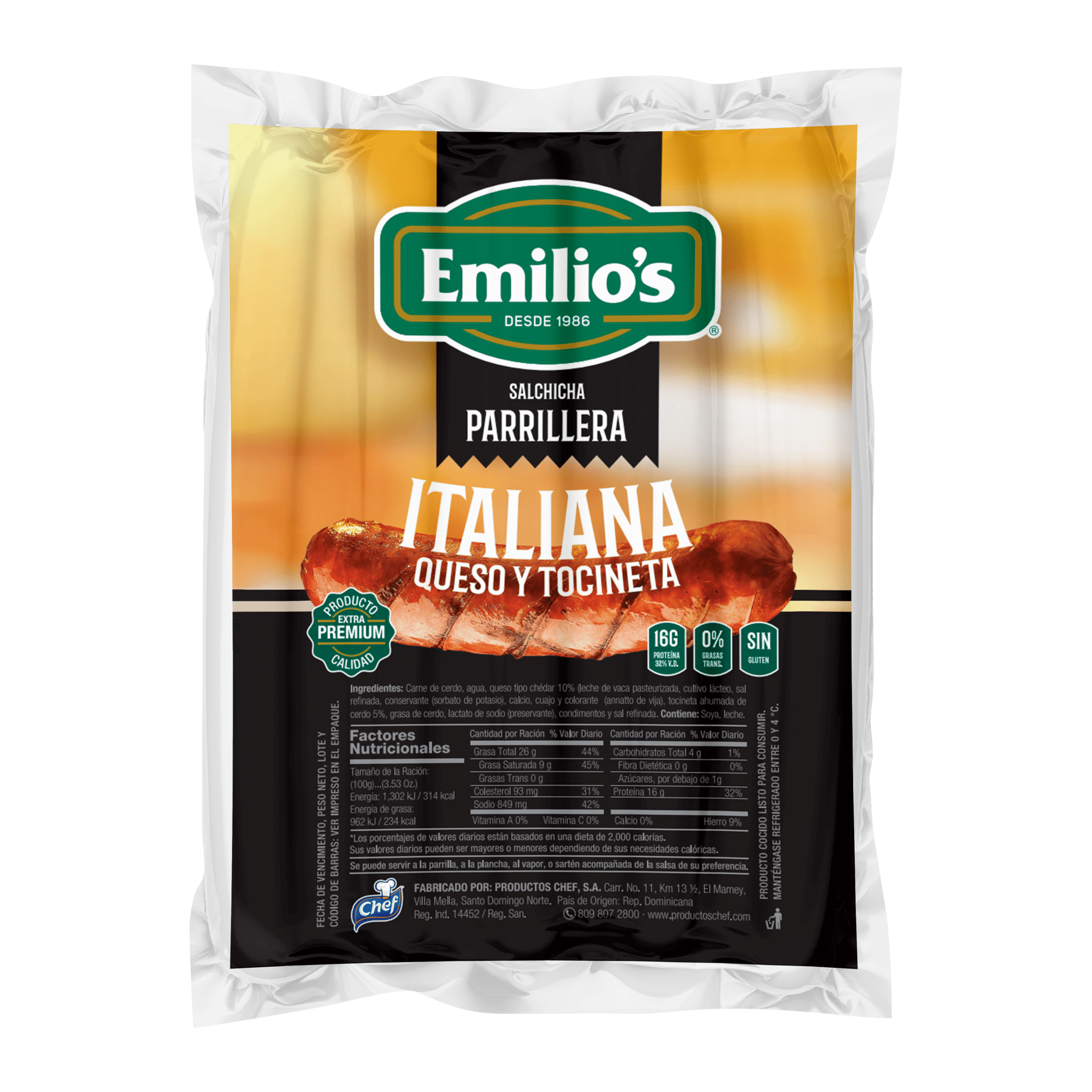 PRODUCTOS CHEF - SALCHICHA PARRILLERA ITALIANA QUESO Y TOCINETA